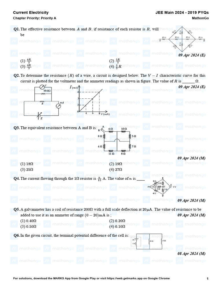 JEE Main 2024 Current Electricity Questions | PDF | Applied And Interdisciplinary Physics ...