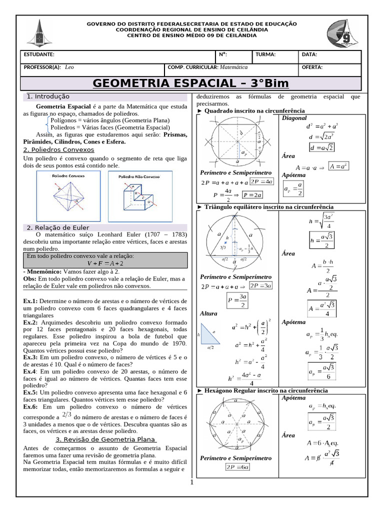 Lista de Geometria Espacial - 2° Ano - 3° Bim | PDF | Vértice (Geometria) | Triângulo