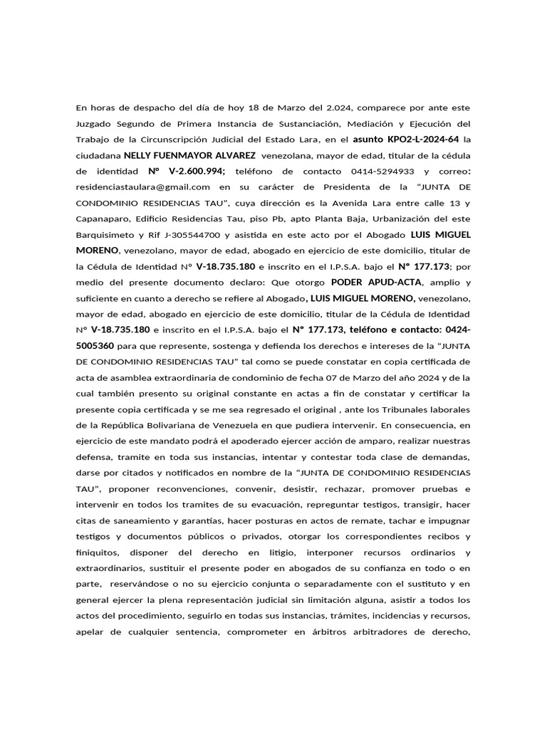 Modelo de Poder Apud Acta Laboral | PDF | Condominio | Documento de identidad