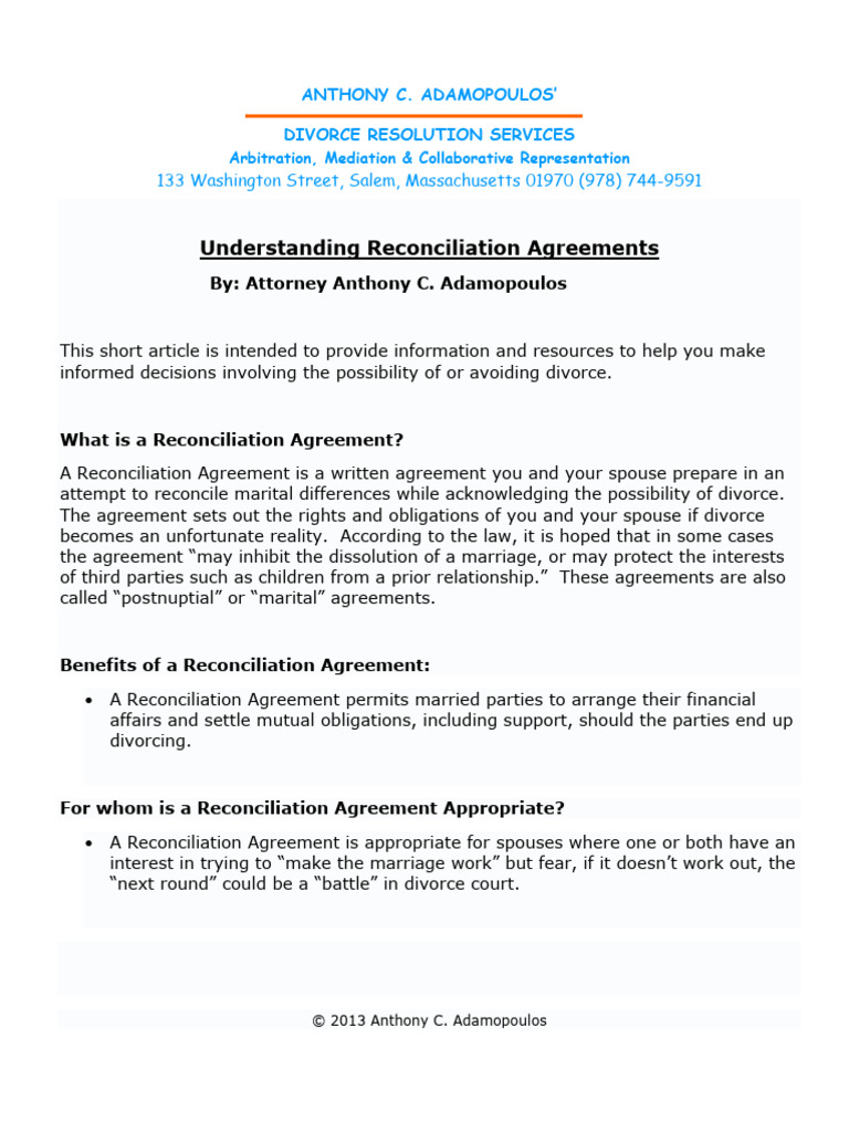 Reconciliation Agreement PDF Handout Version | PDF | Divorce | Mediation