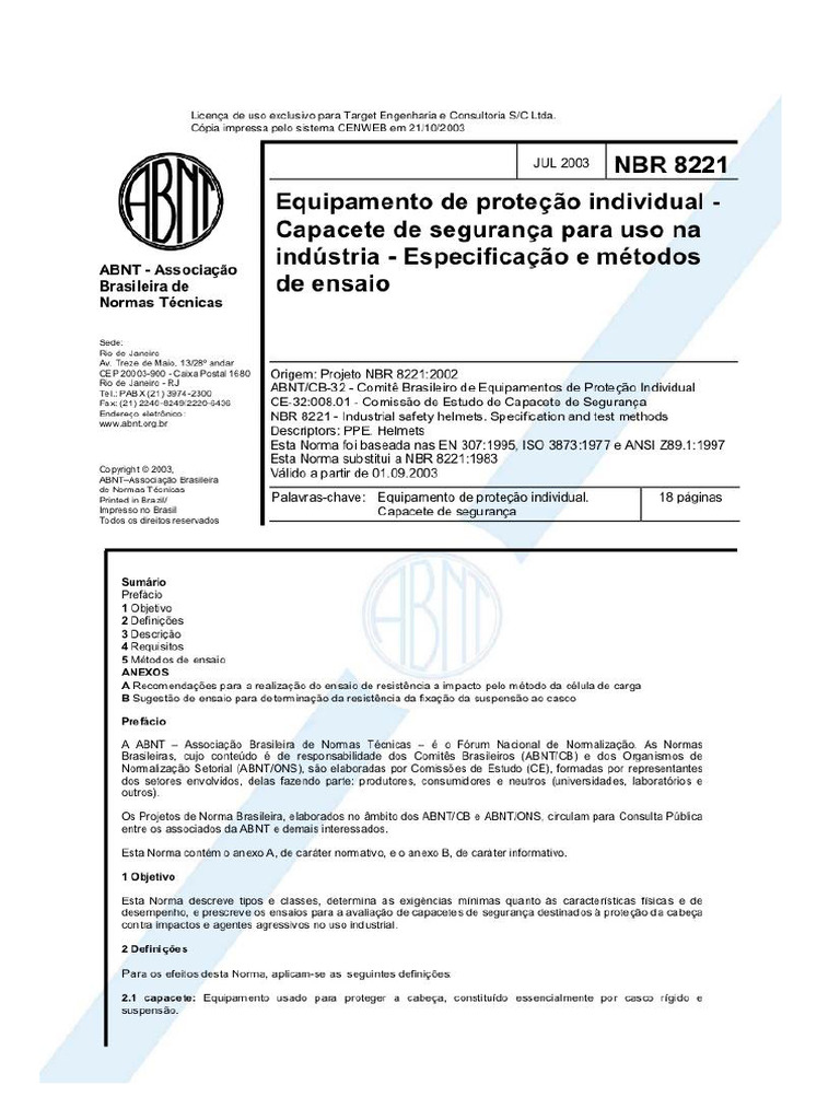 ABNT - NBR 8221 - Capacetes de Segurança | PDF