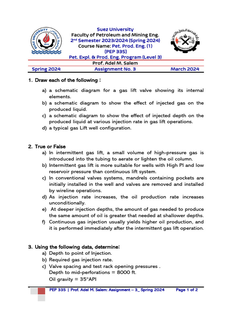 Assignment No. 3 - PEP 335 - Spring 2024 | PDF | Pressure | Extraction Of Petroleum