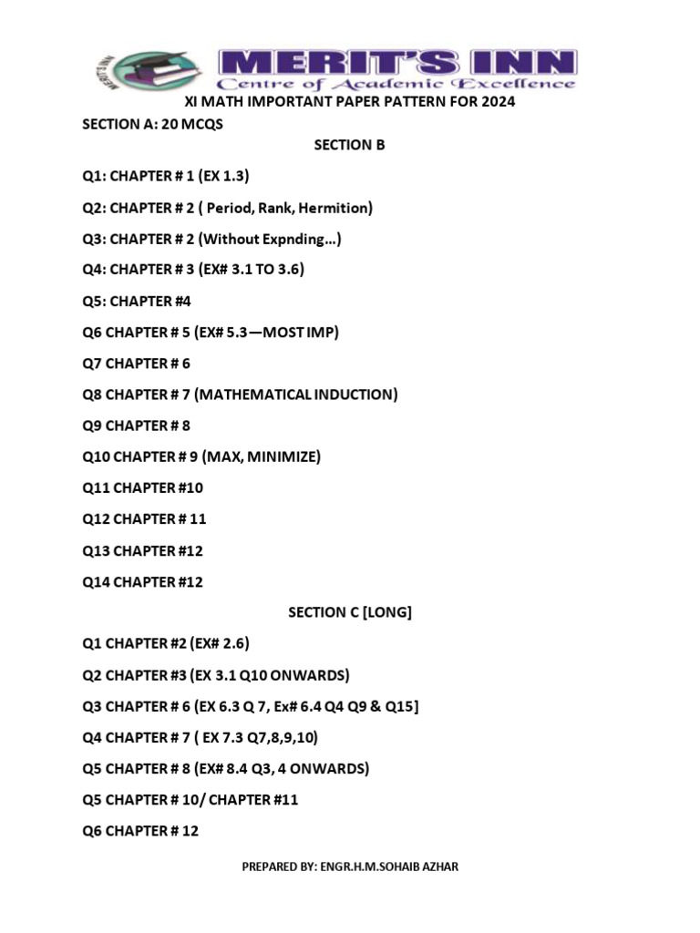 Xi Math Important Paper Pattern For 2024 | PDF | Teaching Methods ...