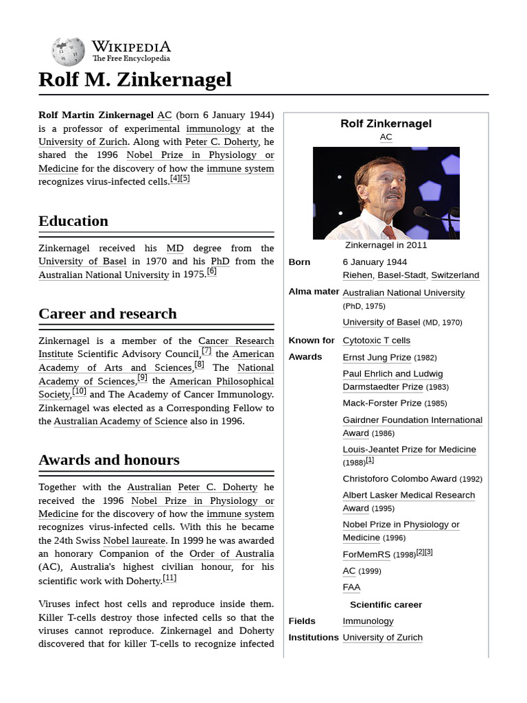 Rolf M. Zinkernagel | PDF | Immunology | Medical Specialties