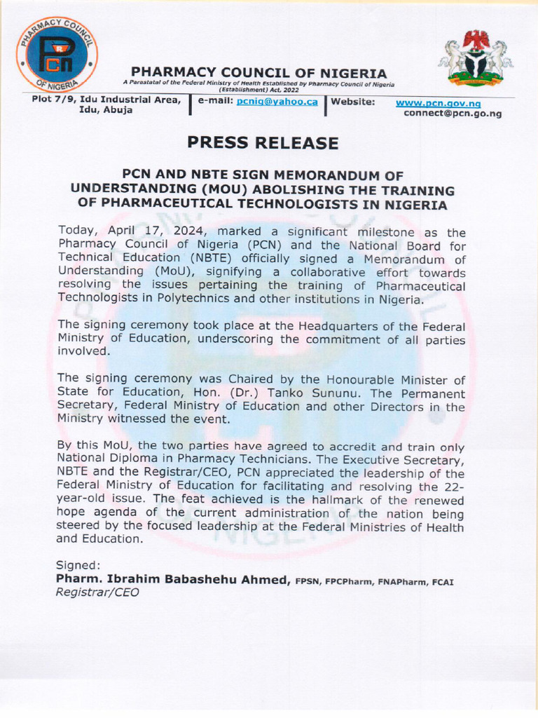 PCN & NBTE Sign MOU Abolishing Training of Pharmaceutical Technologists ...