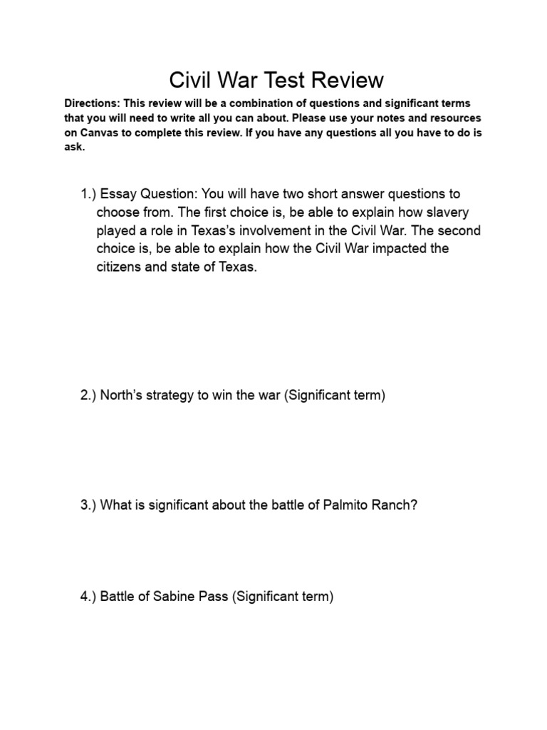 Civil War Test Review | PDF