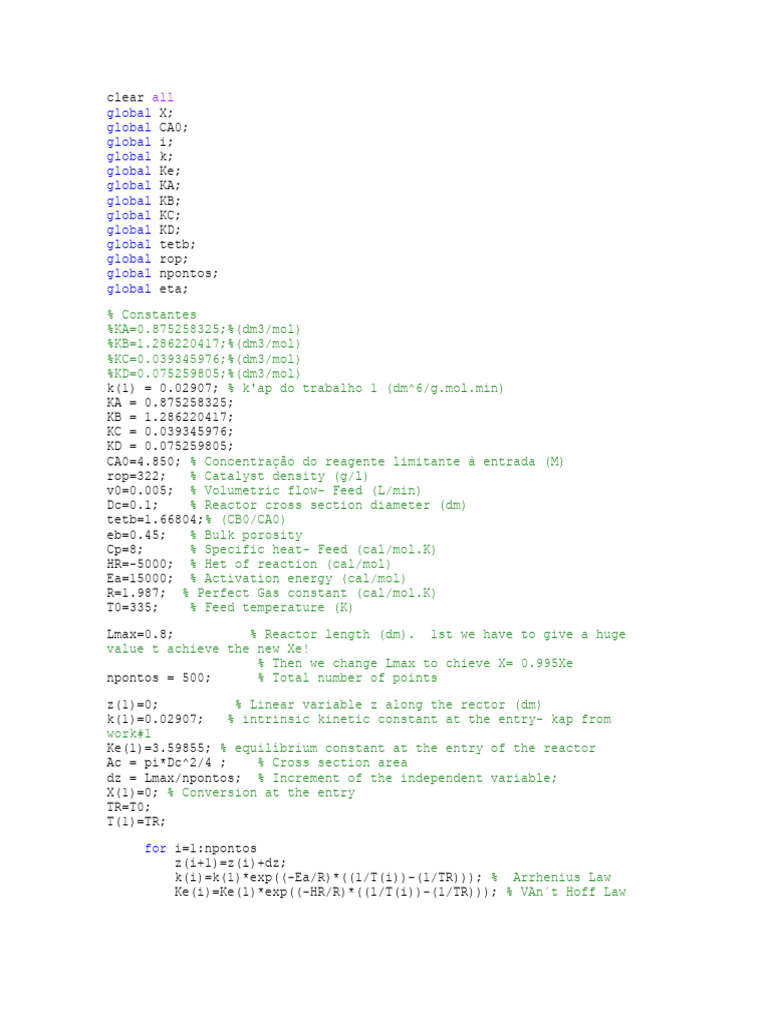 Example Reactor Matlab Routine - Work#4 | PDF | Chemical Reactor | Physical Chemistry