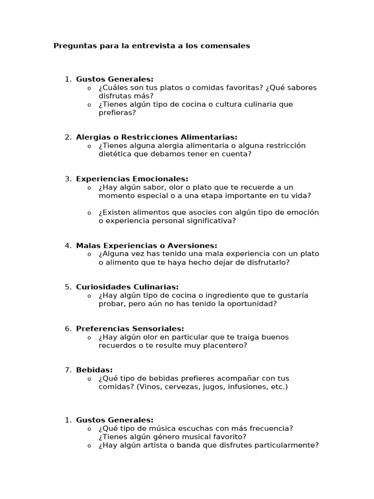 Preguntas para La Entrevista A Los Comensales | PDF