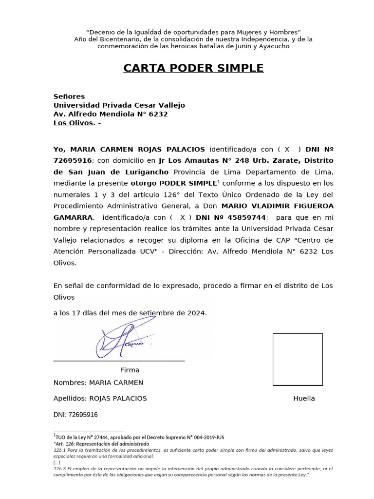 Modelo de Carta Poder Simple 2024 | PDF