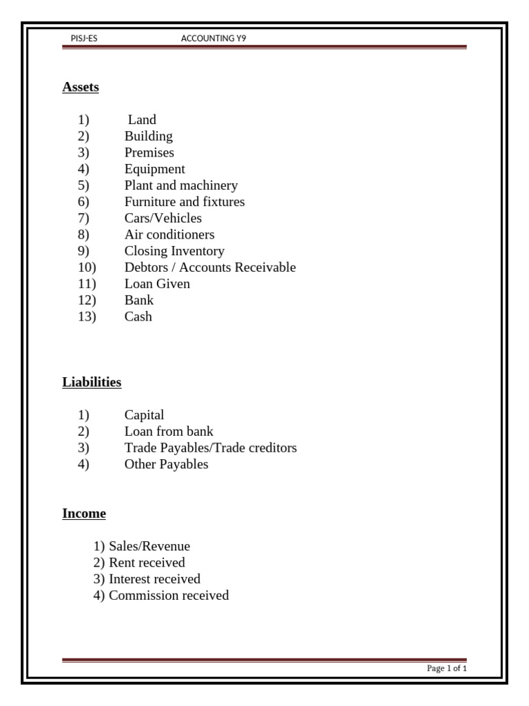 Accounting Assets List Y9 | PDF