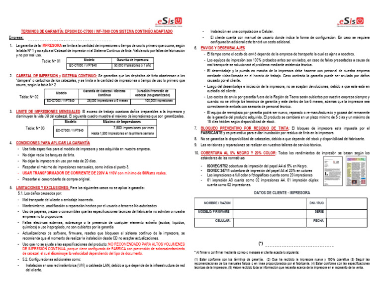 Garantia ESIS - EPSON A3 EC-C7000 - WF7840 (110v) - Agosto-2023 | PDF | Impresora (Computación ...