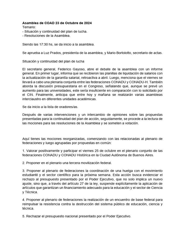 Asamblea COAD: Plan de Lucha y Resoluciones | PDF | Gobierno