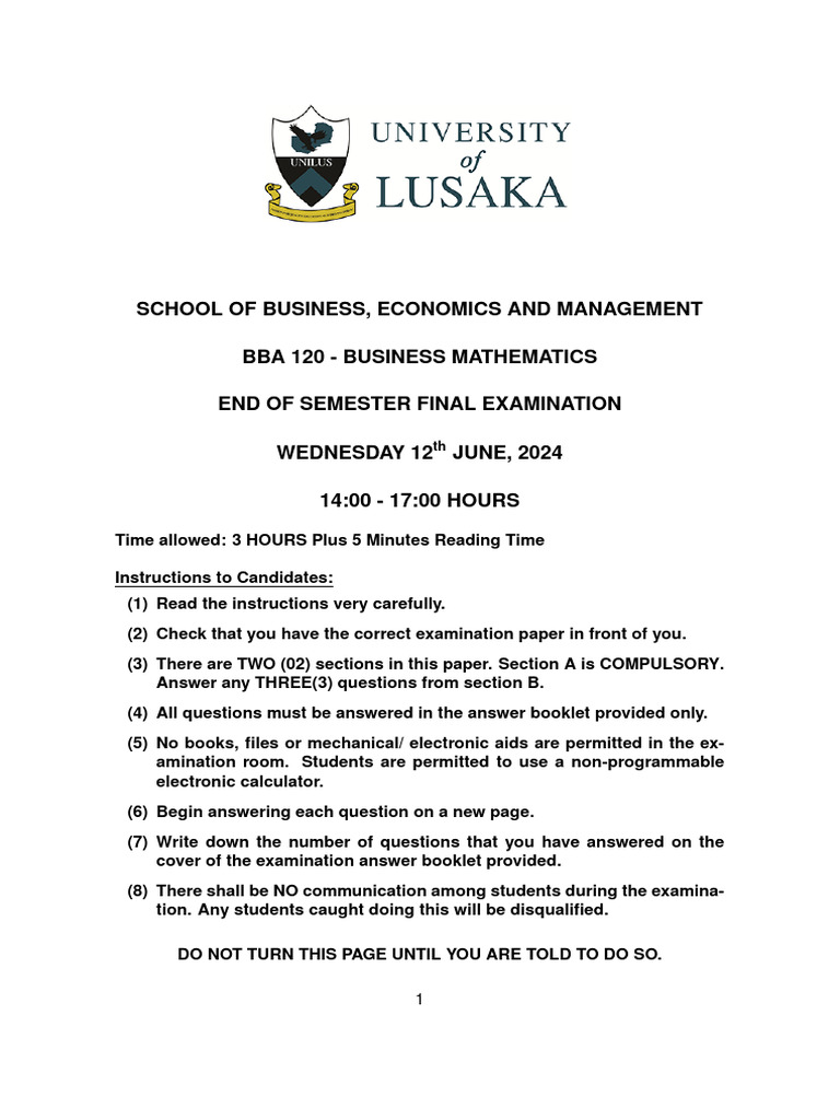 BBA120 2024 Semester 1 Final Exam | PDF | Matrix (Mathematics) | Demand