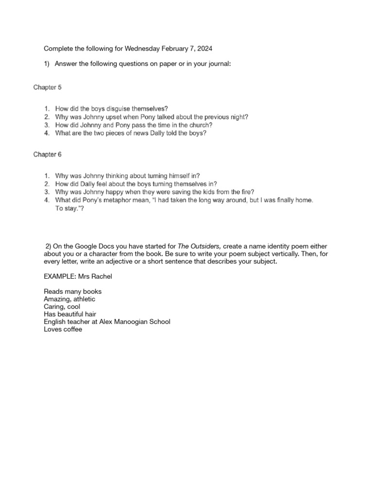 Chapter 5-6 Questions and Name Poem 2 | PDF