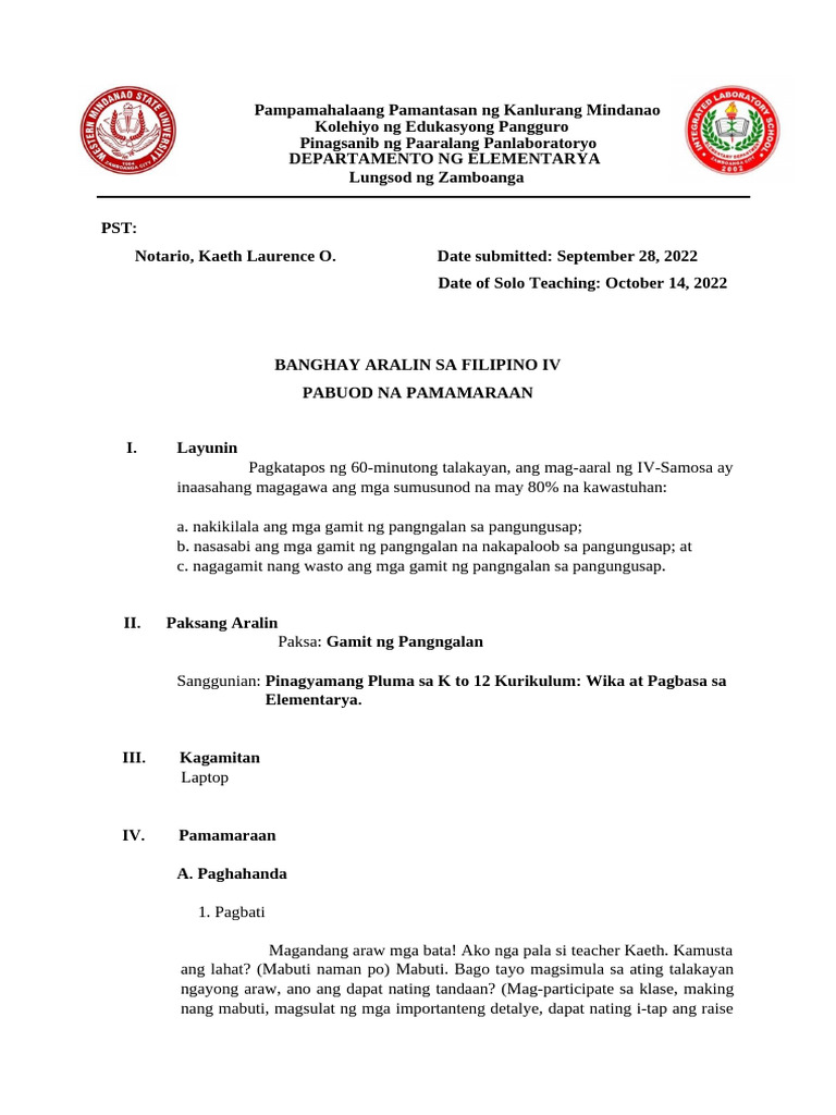 Banghay Aralin Sa Filipino Iv | PDF