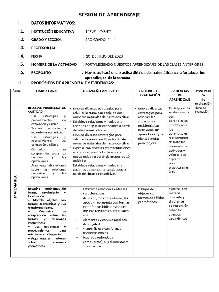 Actividad de Matemáticas para 3er Grado | PDF | Geometría | Evaluación