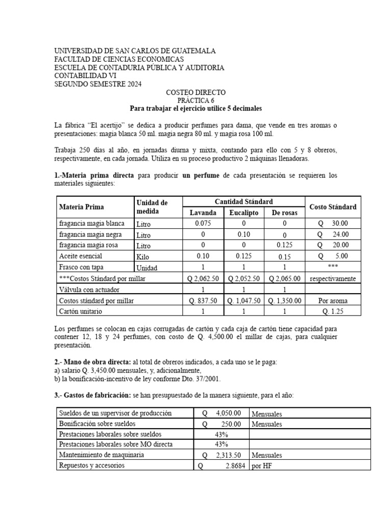 COSTEO DIRECTO Pr-Ctica 6 Perfumes El Acertijo | PDF | Perfume | Salario