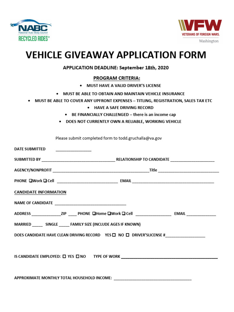 Vehicle Giveaway Application Criteria | PDF | Vehicles | Transport