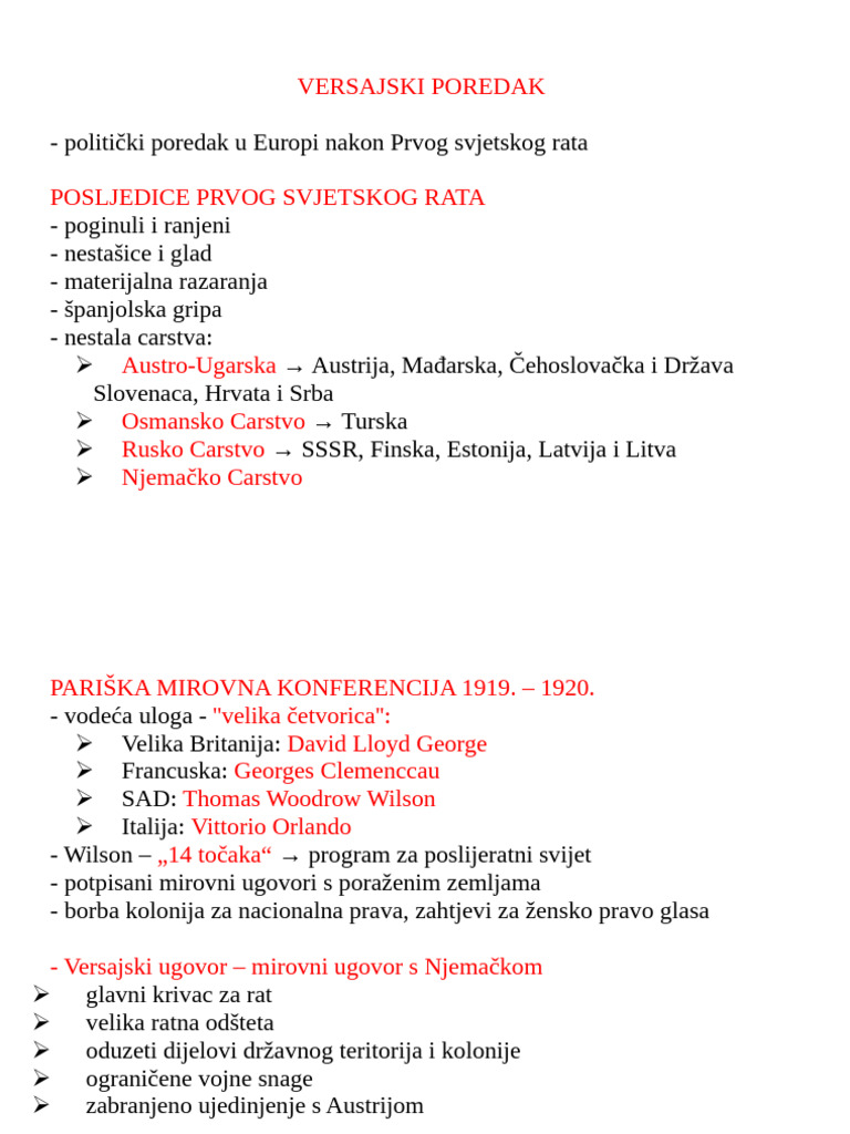 Versajski Poredak I Posljedice Prvog Svjetskog Rata | PDF
