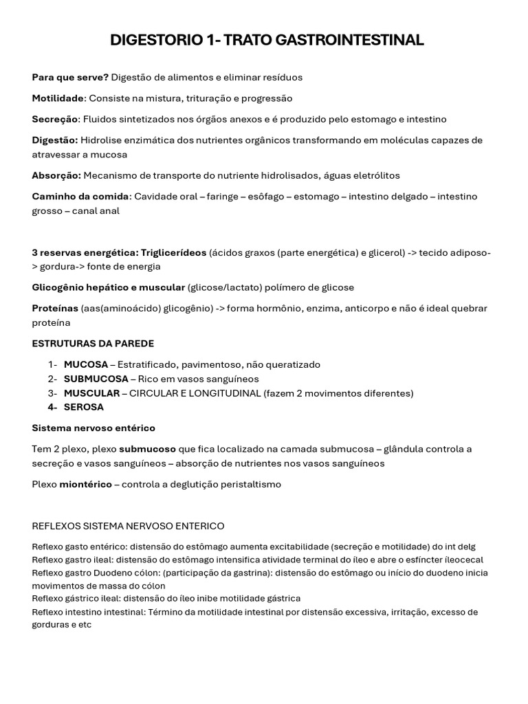 Funções e Estruturas do Trato Gastrointestinal | PDF