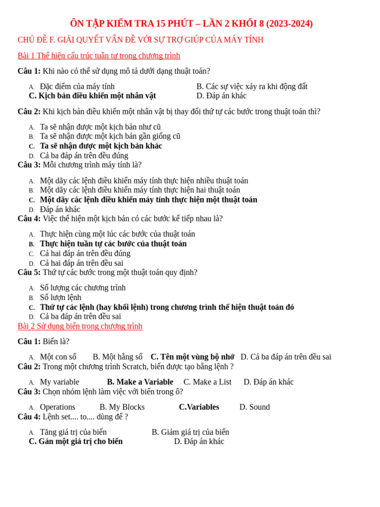 ÔN TẬP KIỂM TRA 15 PHÚT LẦN 2 -HK2 | PDF