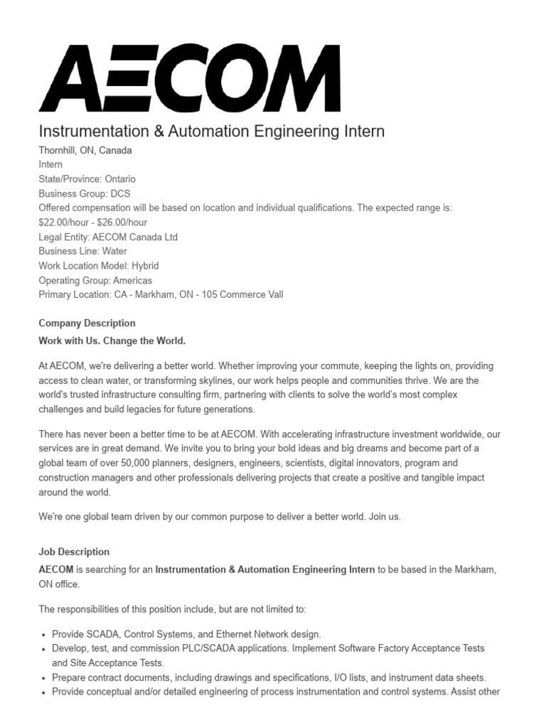 Instrumentation Engineering Intern - AECOM | PDF | Academic Degree ...
