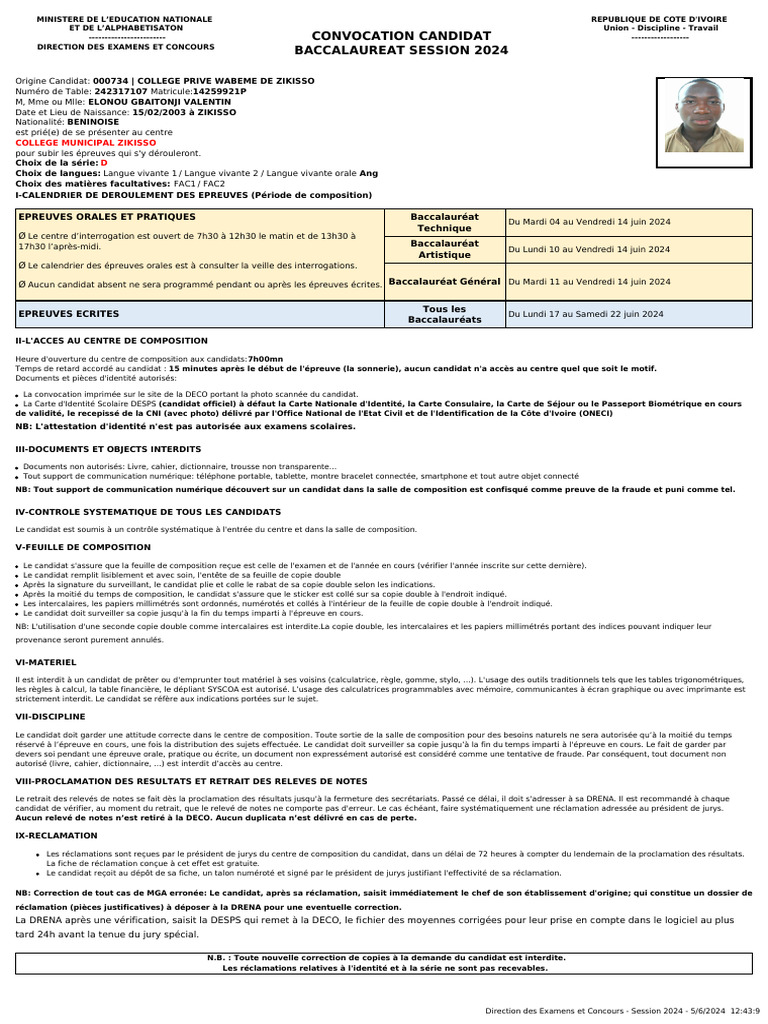 Convocation Bac 2024 - Candidat 14259921P | PDF