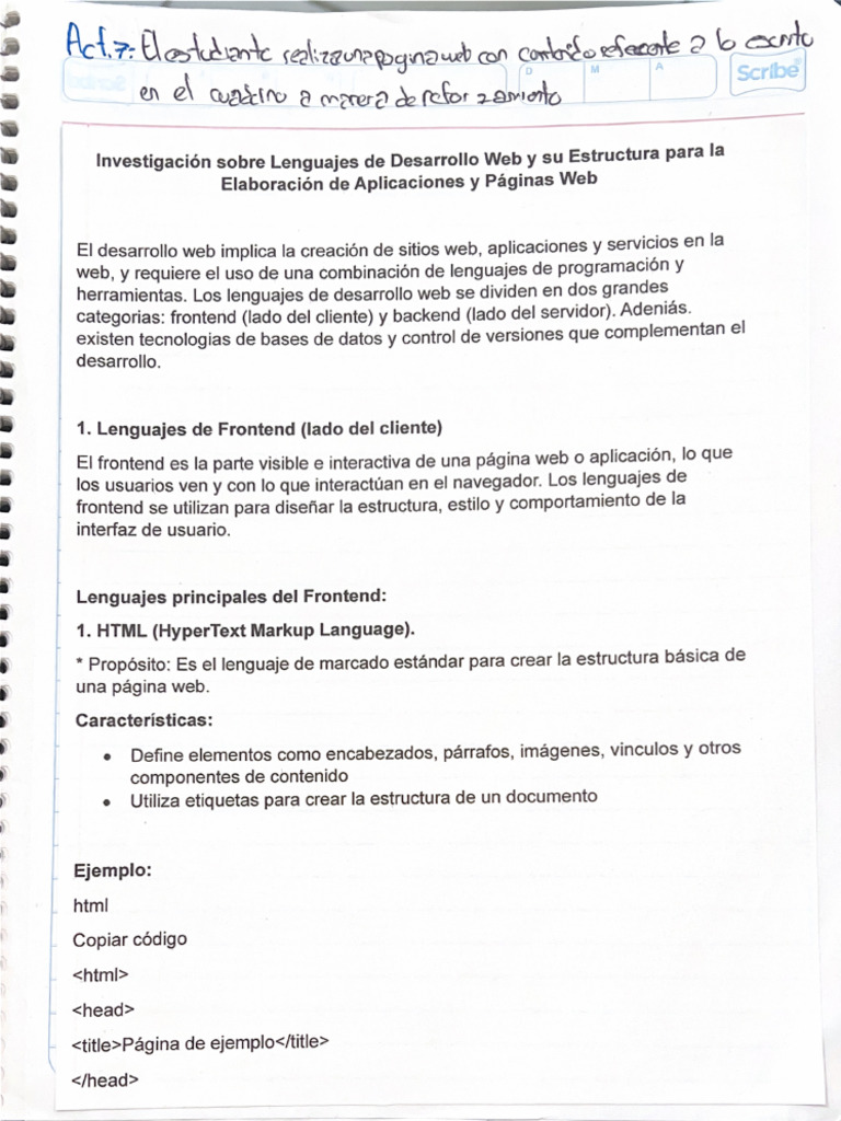 Act 7 Investigar Lenguajes de Desarrollo Web y Su Estructura para La ...