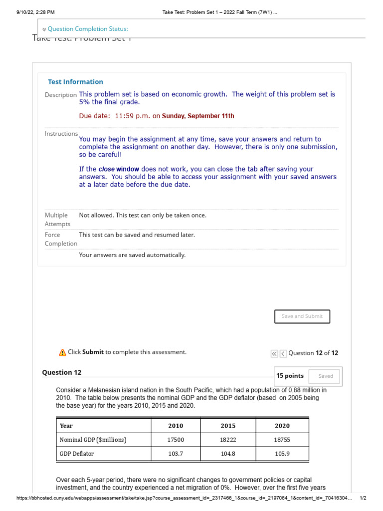 Take Test Problem Set 1 2022 Fall Term 7W1 .. PDF | PDF | Economic ...