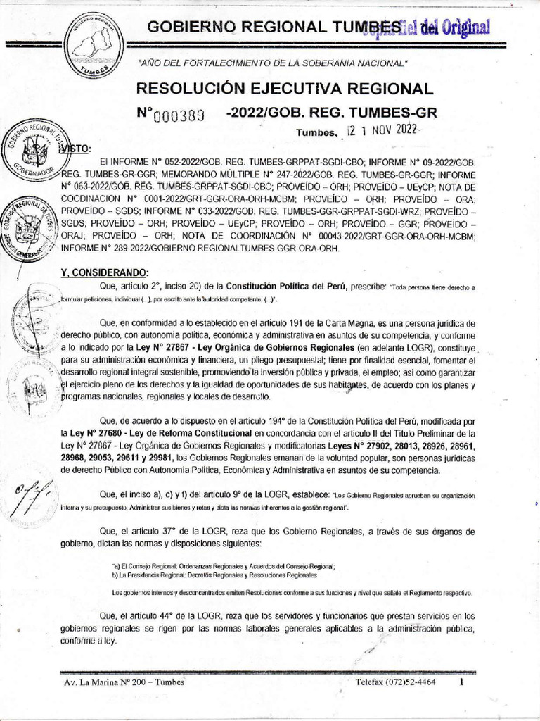 Gob - Reg.tumbes GGR Ora Orh Jo - Reconocimientos | PDF