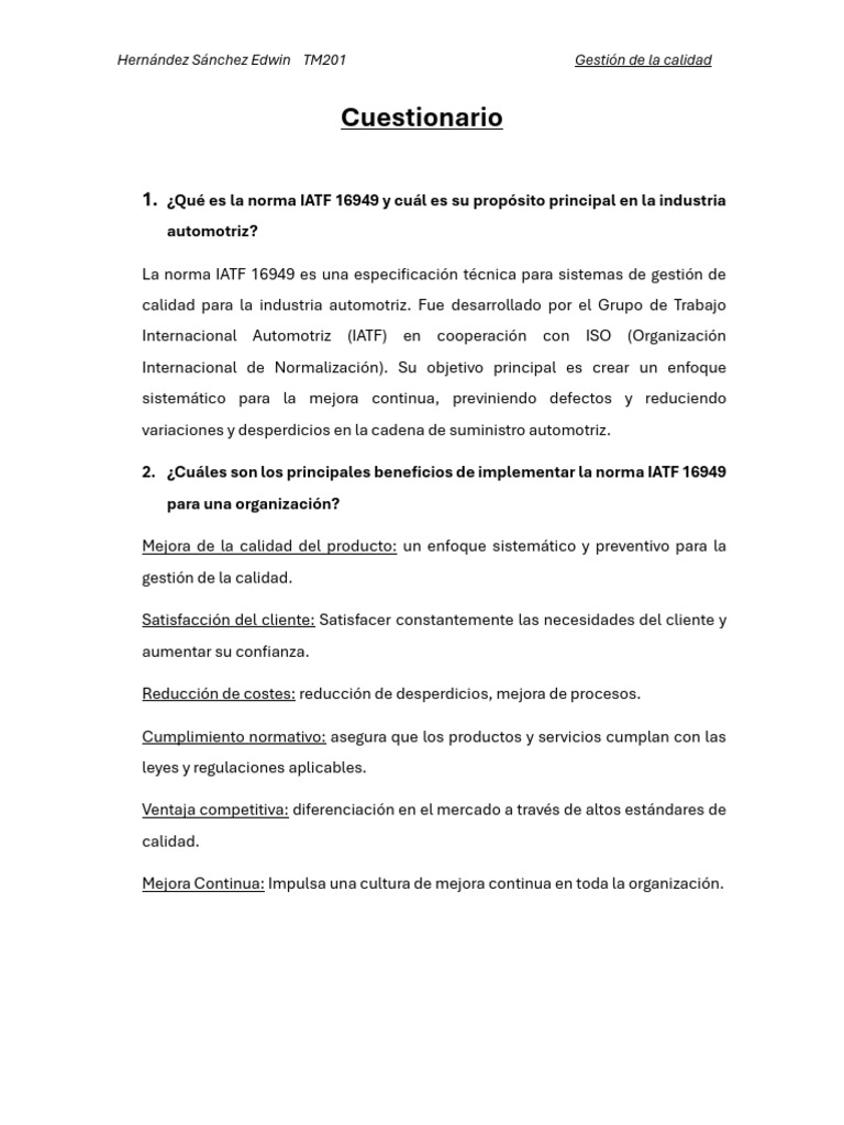 Cuestionario Ehs | PDF | Calidad (comercial) | Gestión de la calidad