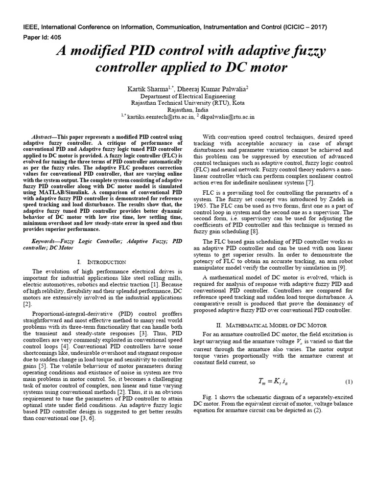 Adaptive Fuzzy PID Control for DC Motors | PDF | Control Theory | Fuzzy ...