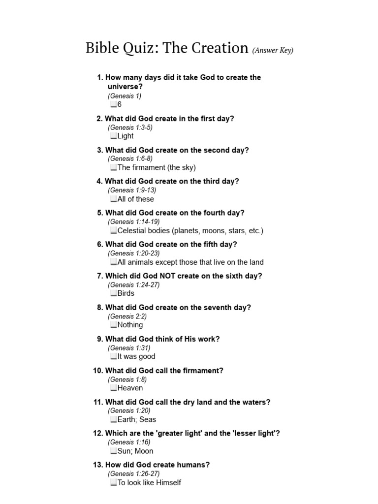 Printable Bible Quiz The Creation Answers | PDF