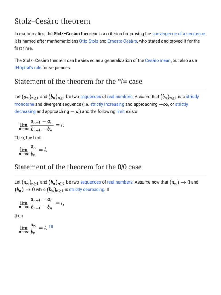 Stolz-Cesàro Theorem - Wikipedia | PDF | Sequence | Limit (Mathematics)