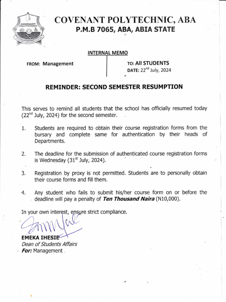 Second Semester Resumption - 20240720 - 0001 | PDF