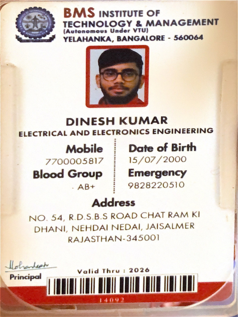 Dinesh's BMSIT College ID Card | PDF