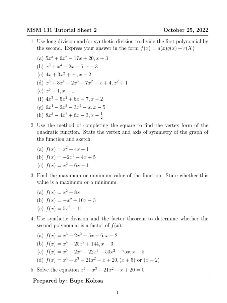 Polynomial Division and Quadratic Functions Guide | PDF