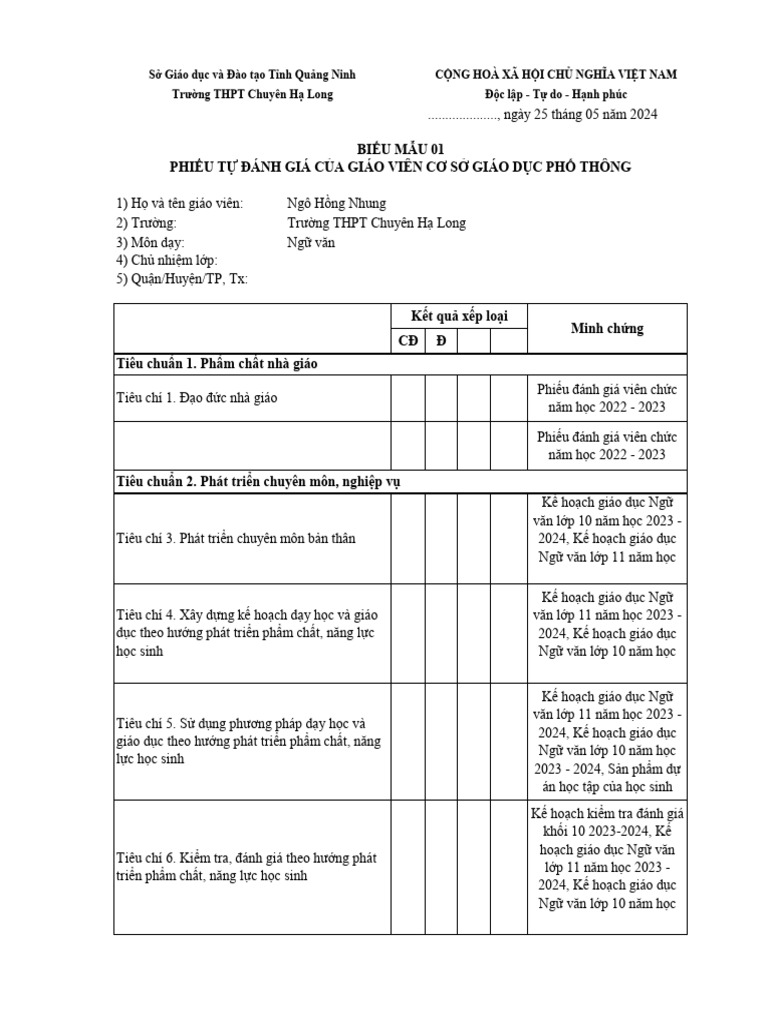 Hồng Nhung - Bieu - Mau - 01 - Phieu - Tu - Danh - Gia - Cua - Giao - Vien - Co - So - Giao ...