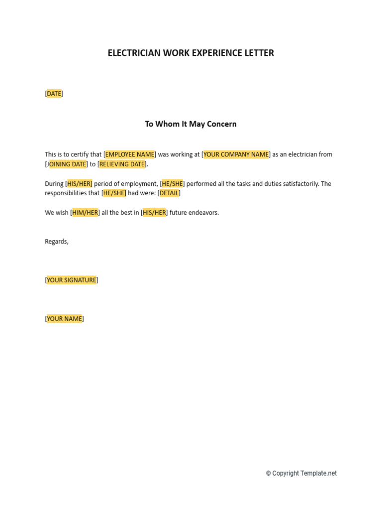 Electrician Work Experience Certificate | PDF