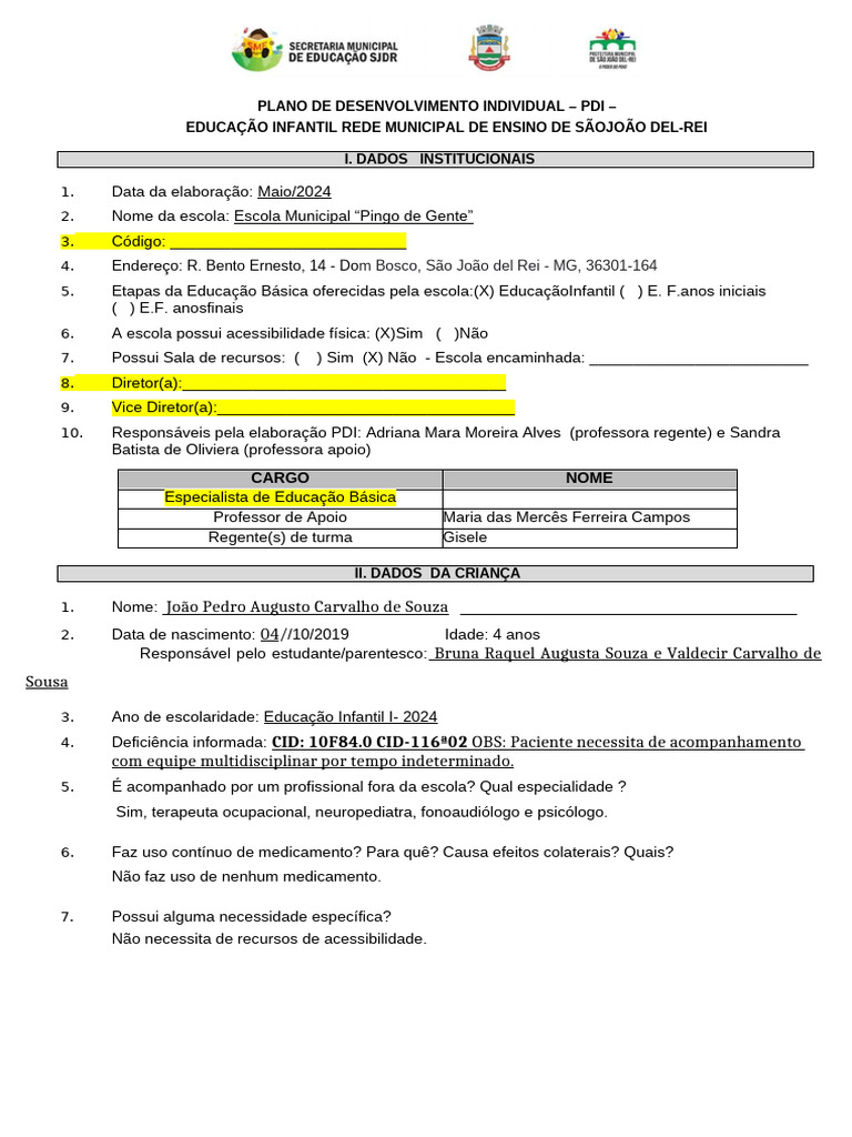 PDI João Pedro Educação Infantil | PDF | Aprendizado | Pedagogia