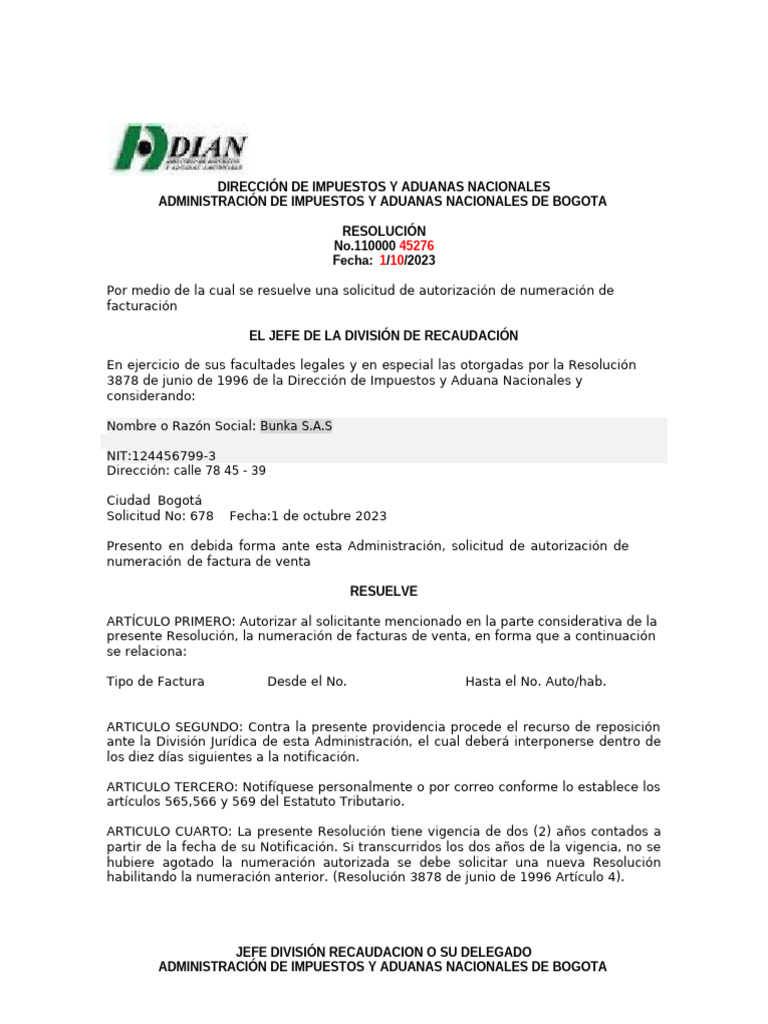 RESOLUCION DE FACTURACIÓN Bunka | PDF