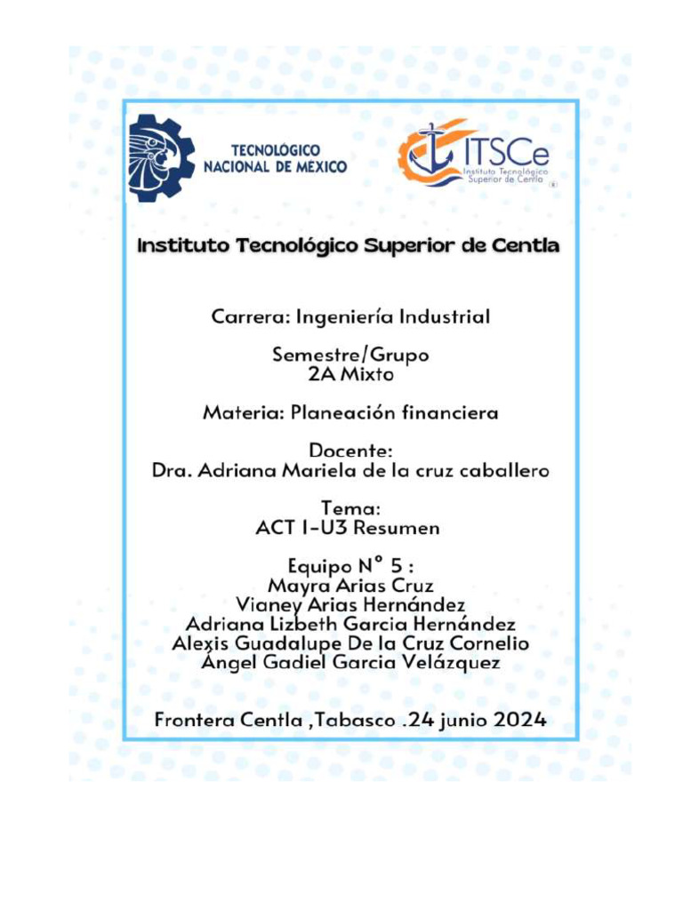 ACT1 U3 Resumen Equipo No.5 Grado 2 Grupo A. | PDF | Capital de trabajo | Business