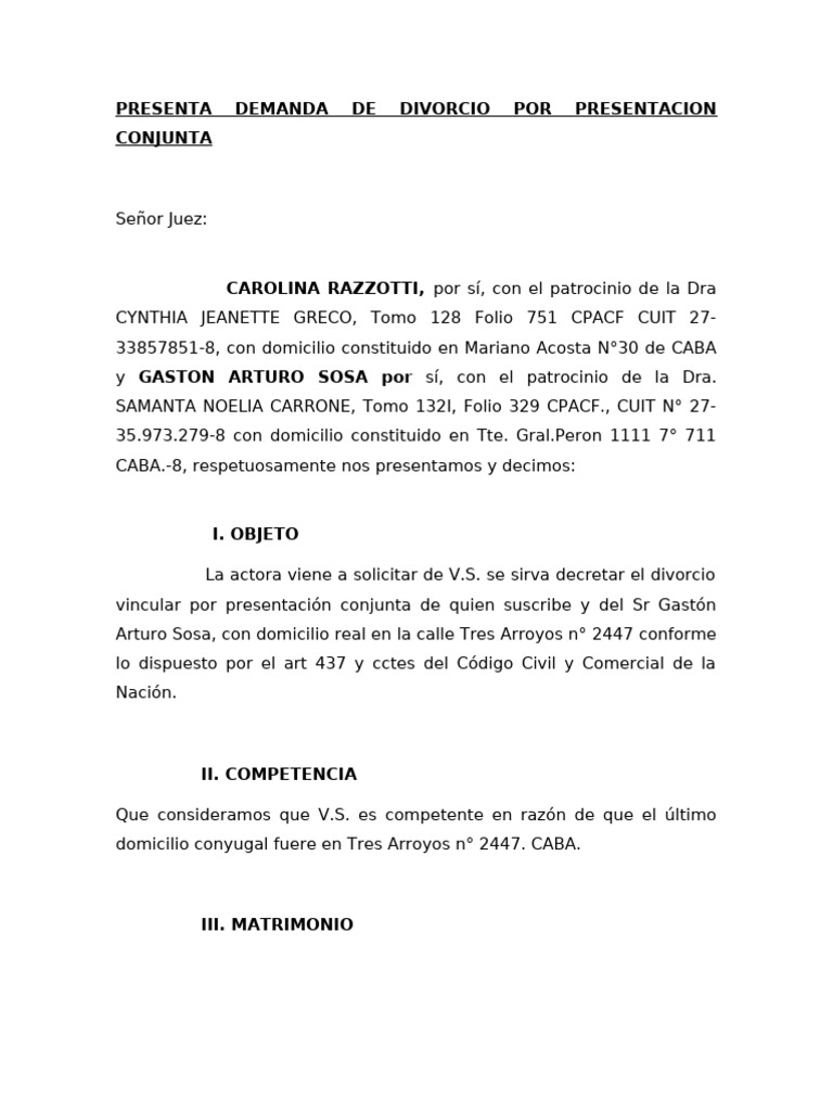 Demanda de Divorcio por Presentación Conjunta | PDF | Divorcio ...
