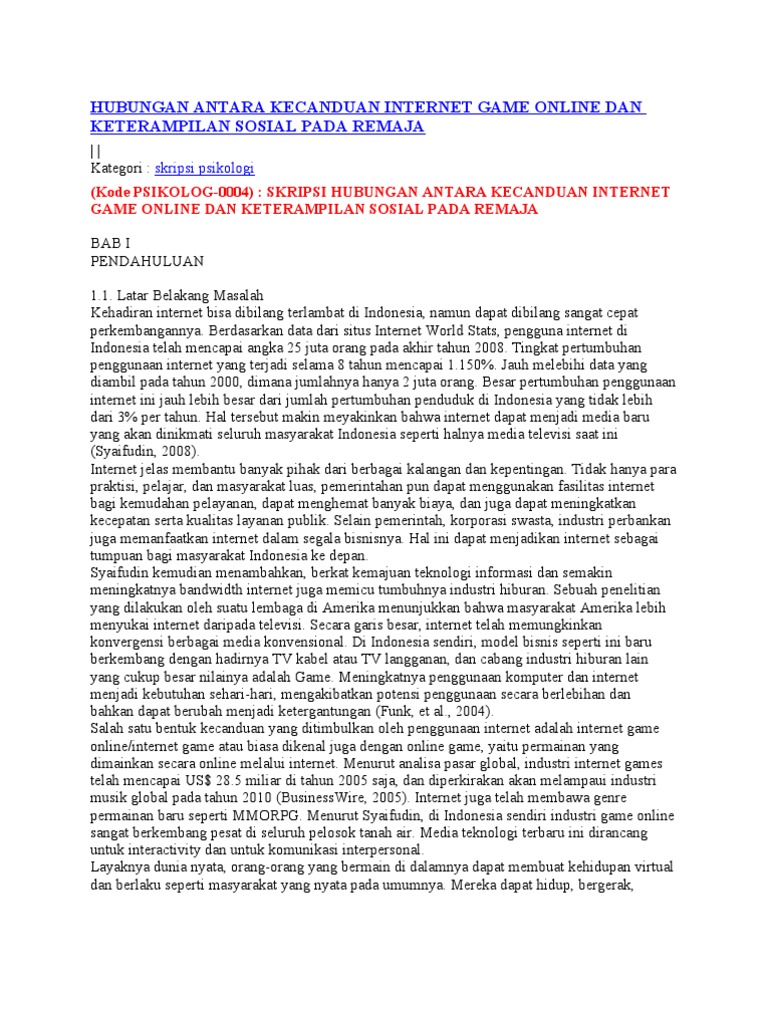 Hubungan Antara Kecanduan Internet Game Online Dan Keterampilan Sosial Pada Remaja | PDF