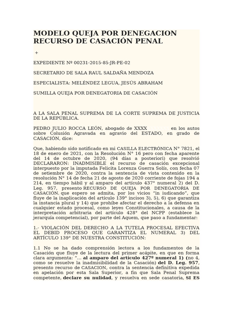 Modelo Queja Por Denegacion Recurso de Casación Penal | PDF | Caso de ley | Sentencia (ley)