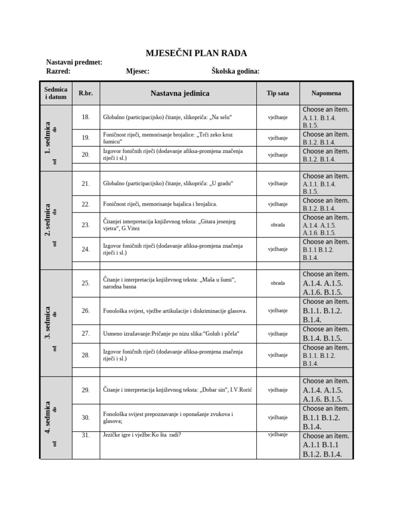 MJESEČNI PLAN RADA Bosan. | PDF