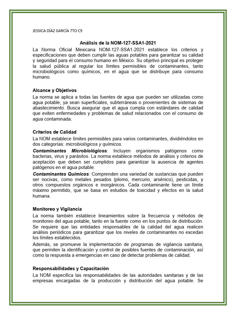Análisis de La NOM-127-SSA1-2021 | PDF | Agua potable | Agua