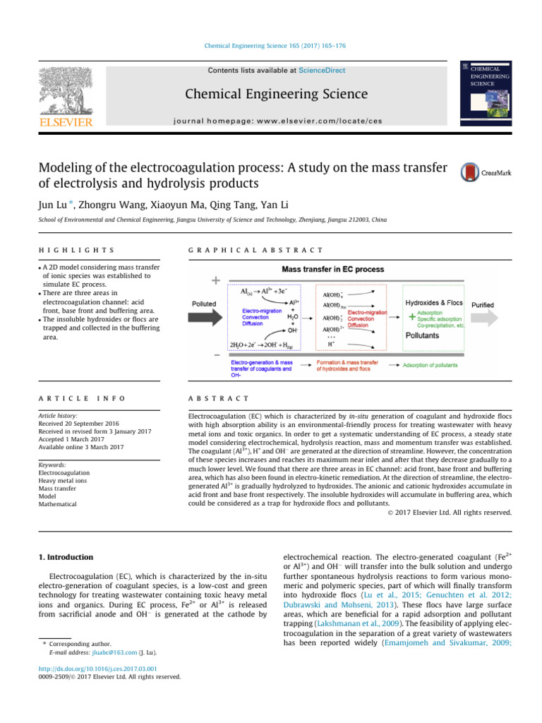 (2017) Modeling of The Electrocoagulation Process. A Study On The Mass Transfer of Electrolysis ...