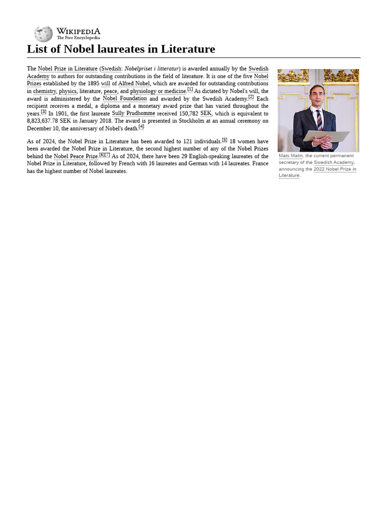 List_of_Nobel_laureates_in_Literature | PDF | Nobel Prize