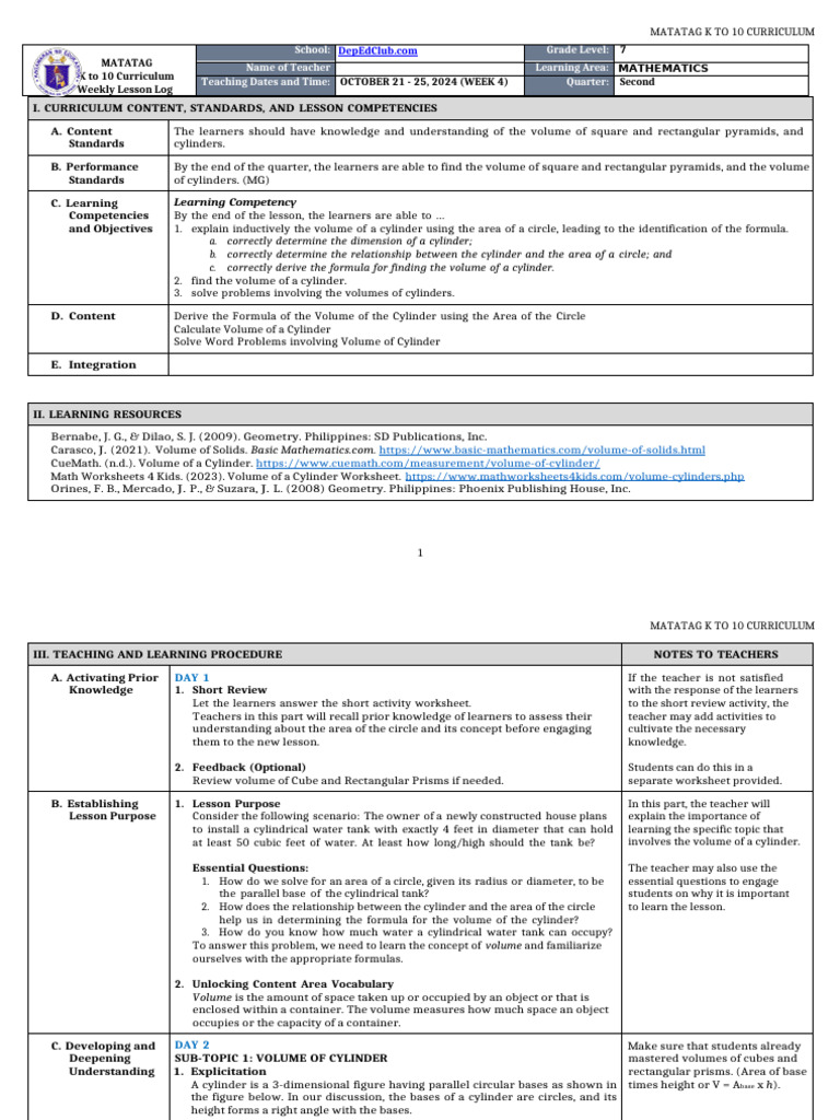 Grade 7 Volume of Cylinder Lesson Plan | PDF | Volume | Area
